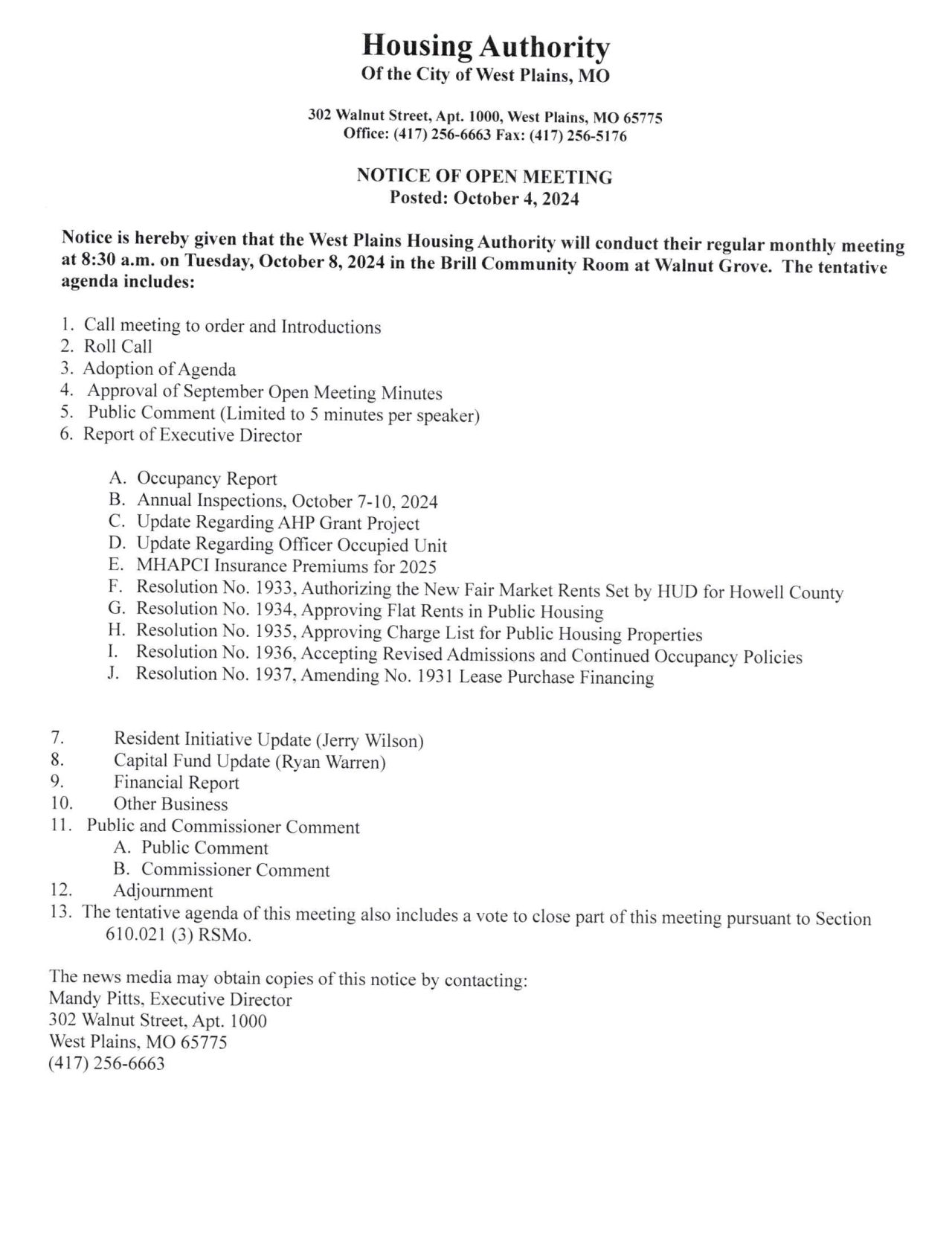 Notice of Open Meeting | October 8, 2024 | West Plains Housing Authority